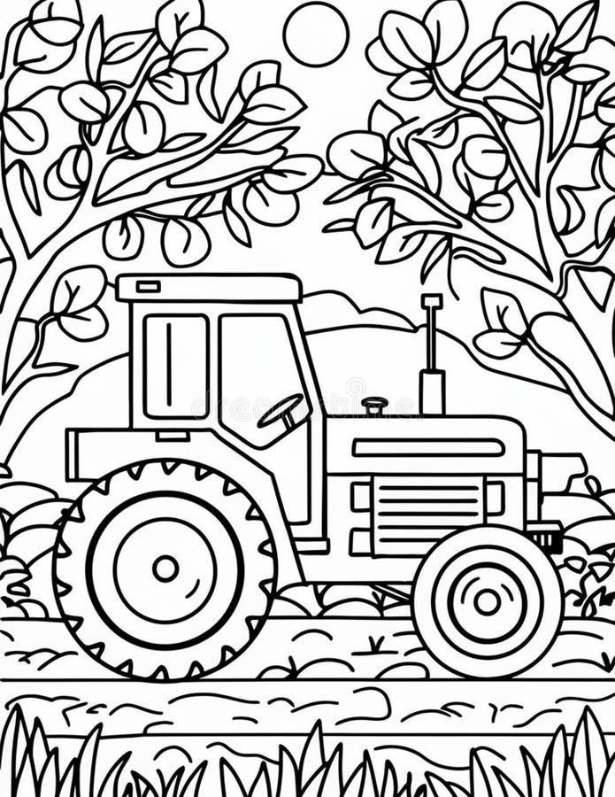 Coloring Page for Children with a Tractor Working in the Field Stock ...