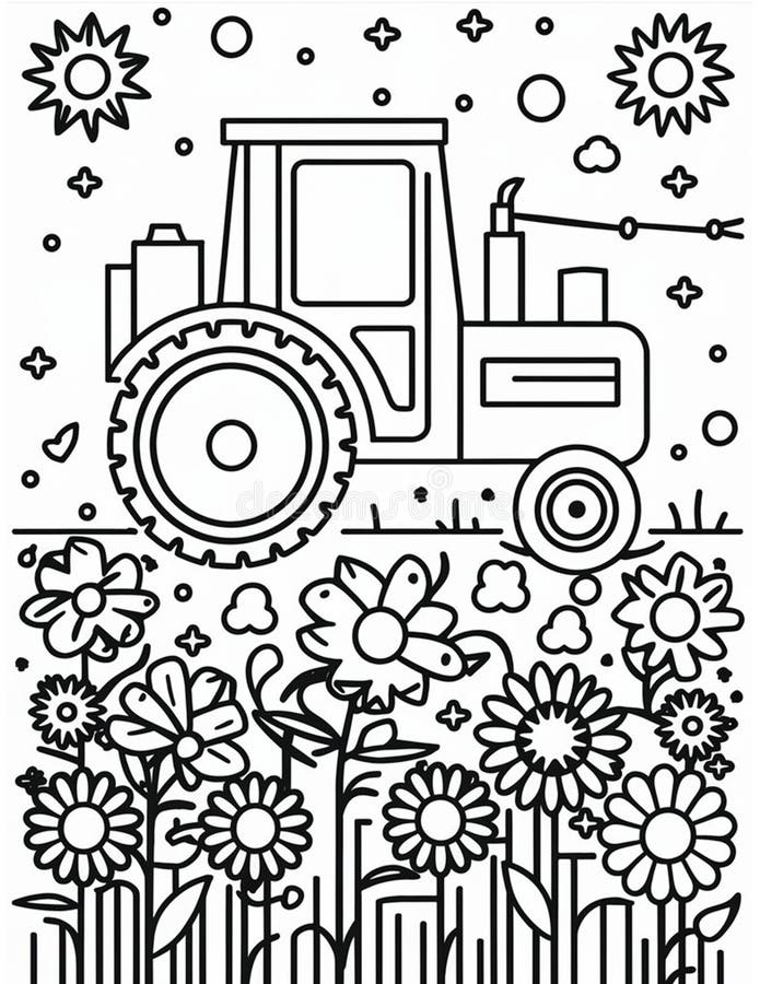 Coloring Page for Children with a Tractor Working in the Field Stock ...