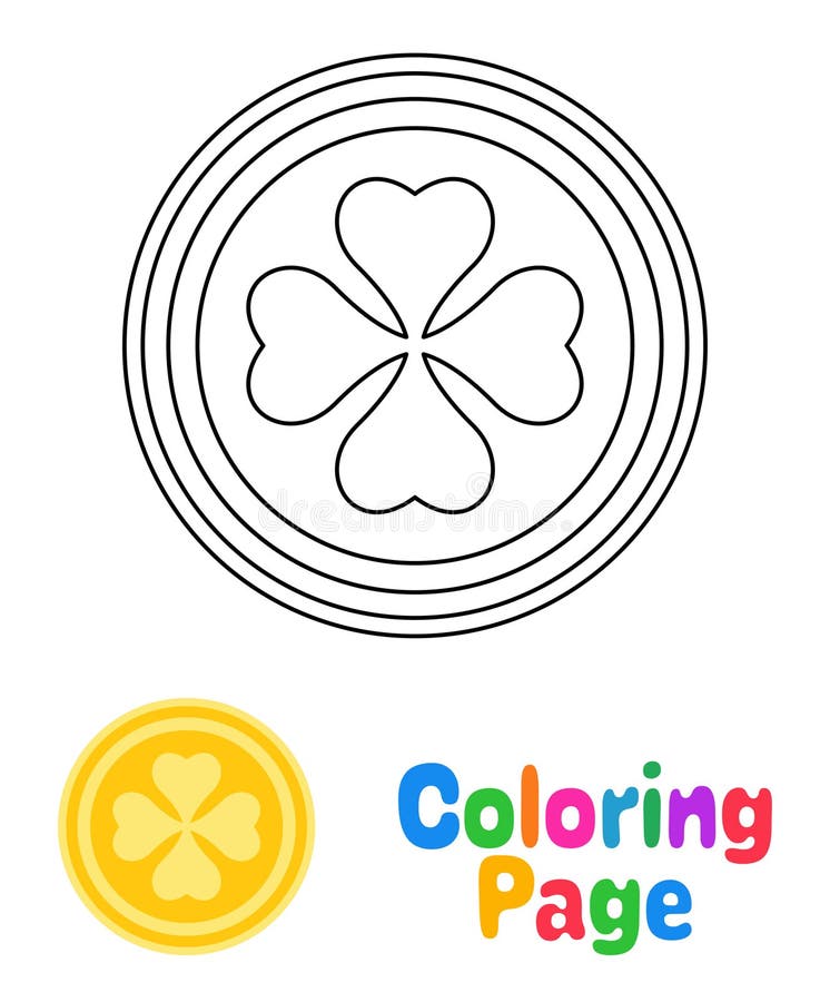 Coloring Page with Clover Coin for Kids Stock Vector - Illustration of ...