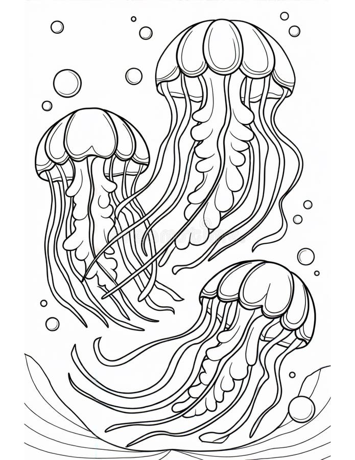 Coloring Page Cute Three Jellyfish Stock Illustration - Illustration of ...