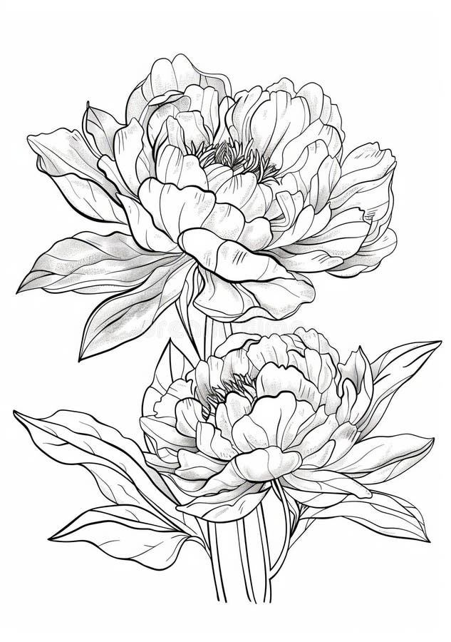 This Coloring Page Features a Simple Line Drawing of Two Peonies on a ...