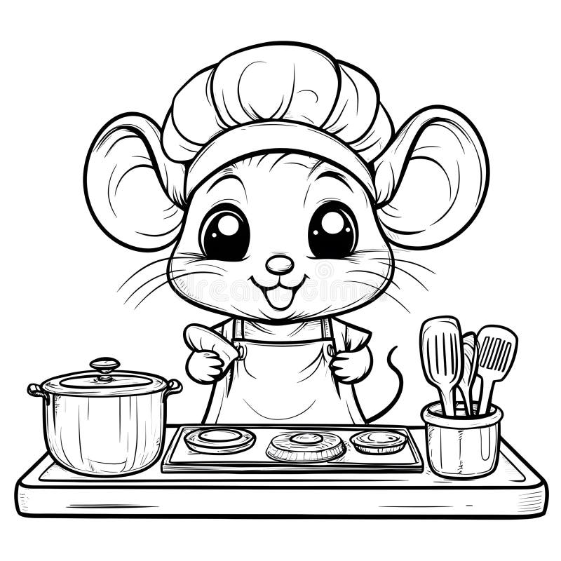 Coloring Page Featuring a Cute Chef Mouse for Kids. Stock Illustration ...