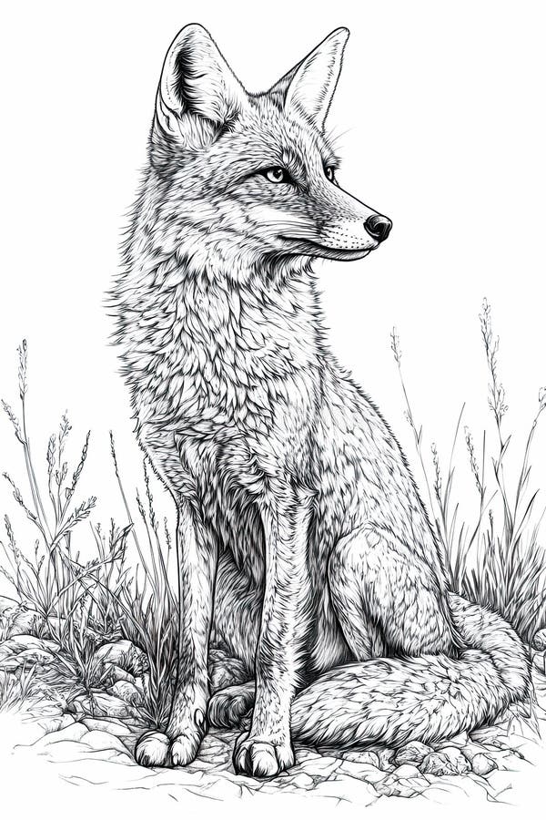 Coloring Page Featuring Line Art Fox Surrounded by Stylized Foliage ...