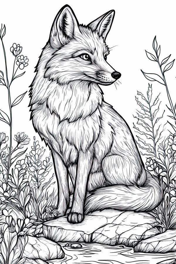 Coloring Page Featuring Line Art Fox Surrounded by Stylized Foliage ...