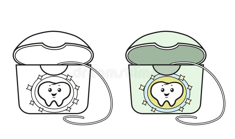 Coloring Page Floss with Cartoon Tooth Isolated on a White Stock Vector ...