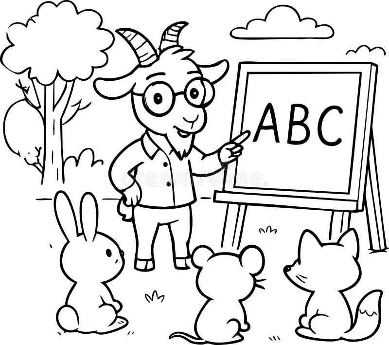 Coloring Page of Goat As a Teacher with a Blackboard and Pointer Stick ...
