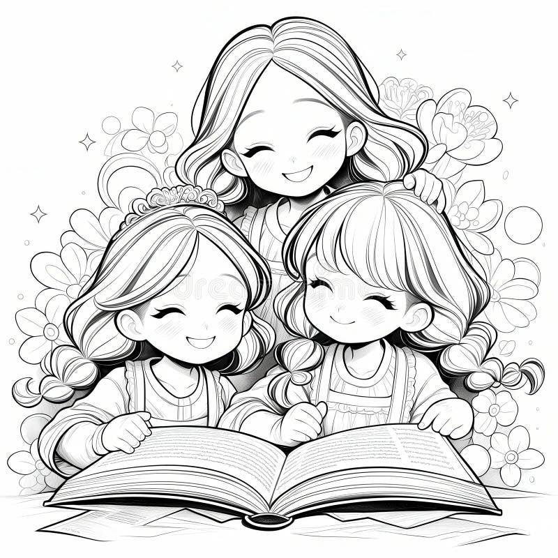 Coloring Page for Kids, Coloring Girls Reading a Book. Stock Image ...