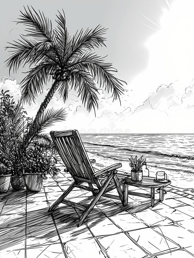 Coloring Page for Kids Summer Vibes, a Chair and Table on a Beach Stock ...