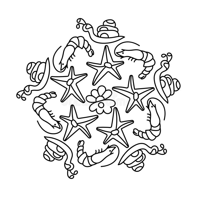 Coloring Page Mandala with Snail, Seastar, Shrimp, Shell Stock Vector ...
