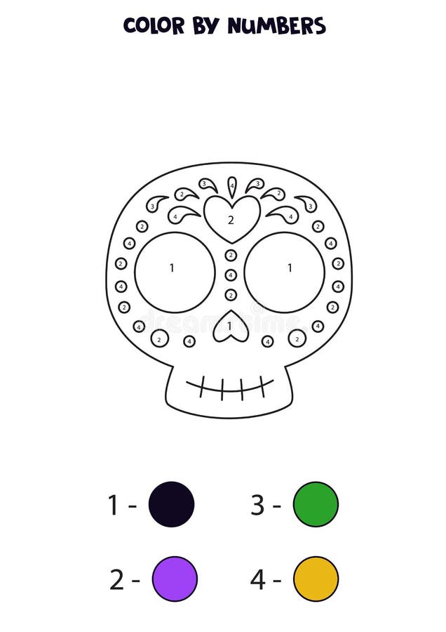 Color Mexican Skull by Numbers. Worksheet for Kids Stock Illustration ...