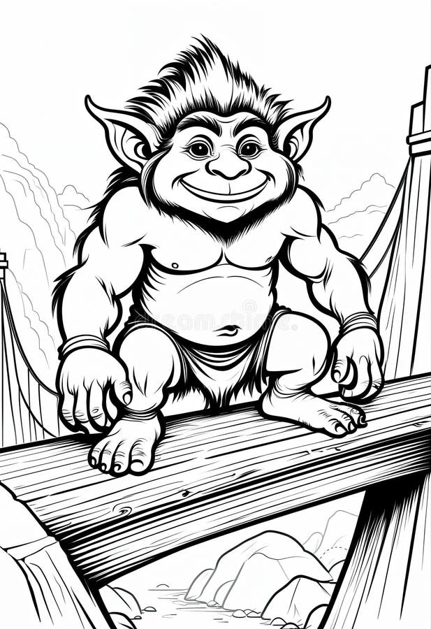 Coloring Page - Mischievous Troll Character Perched on a Wooden ...