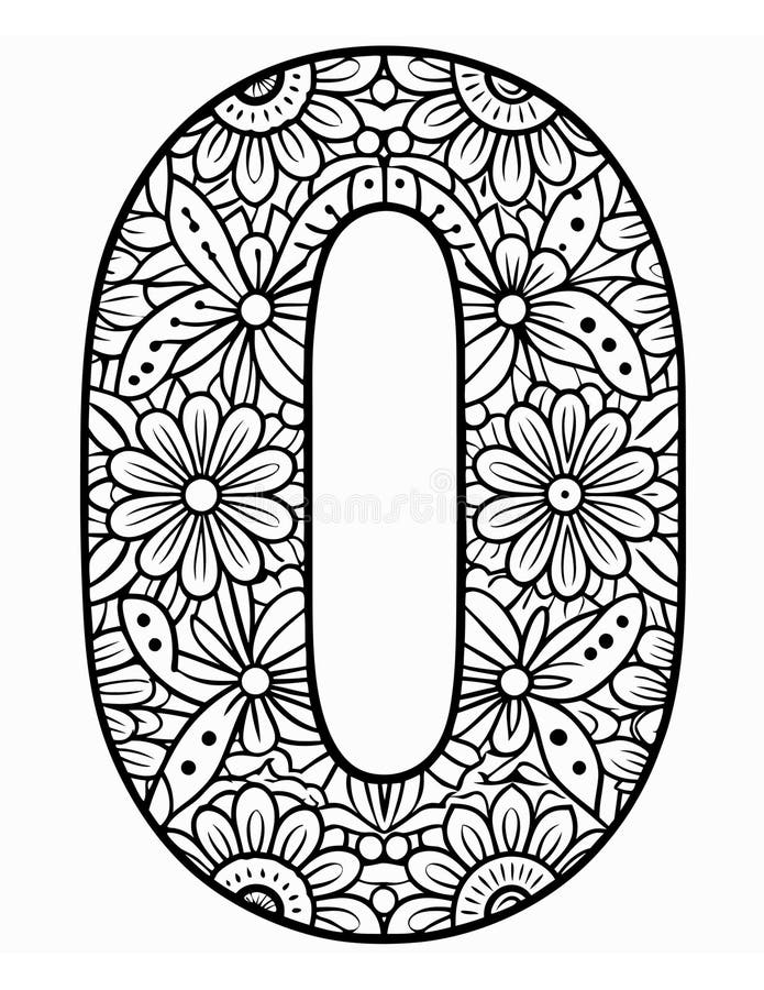 Coloring Page with a Number 0 with Plants Inside Stock Illustration ...