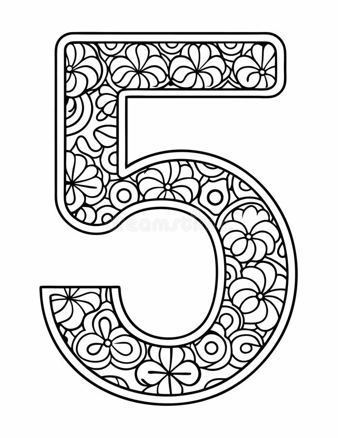Coloring Page with a Number 5 with Plants Inside Stock Illustration ...