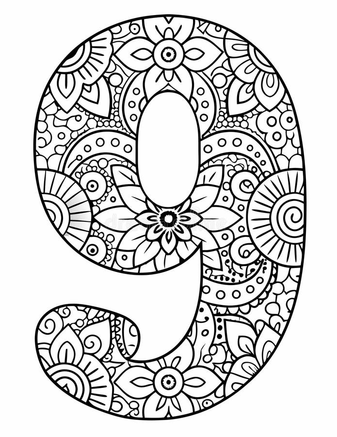 Coloring Page with a Number 9 with Plants Inside Stock Illustration ...