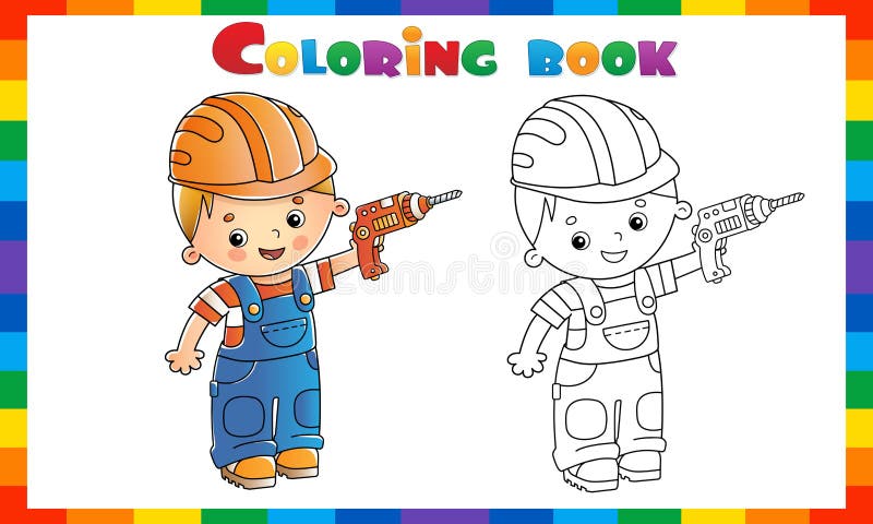 Coloring Page Outline of Cartoon Builder or Worker with Drill ...