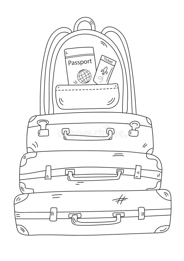 Coloring Page with Pile of Suitcases and Backpack Stock Vector ...