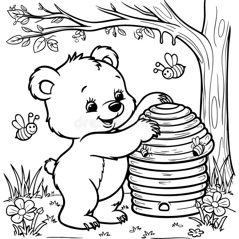 Bear Playing with Beehive Surrounded by Bees and Flowers Stock Vector ...