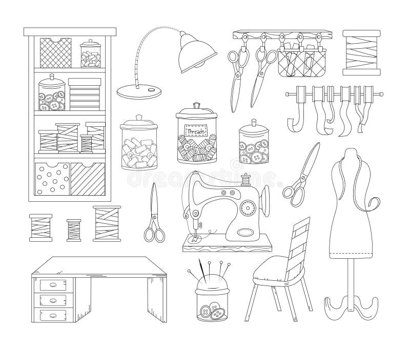 Coloring Page Set of Sewing Items Stock Vector - Illustration of brush ...