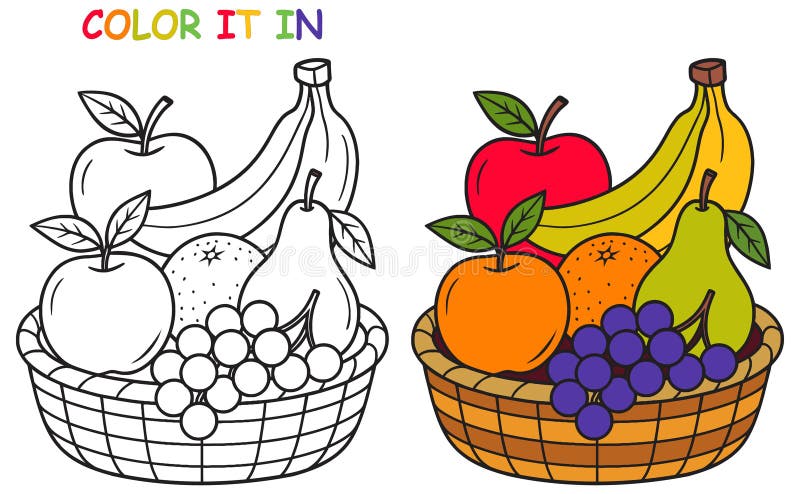 A Coloring Page Showing a Basket Filled with Fruit with One Side ...
