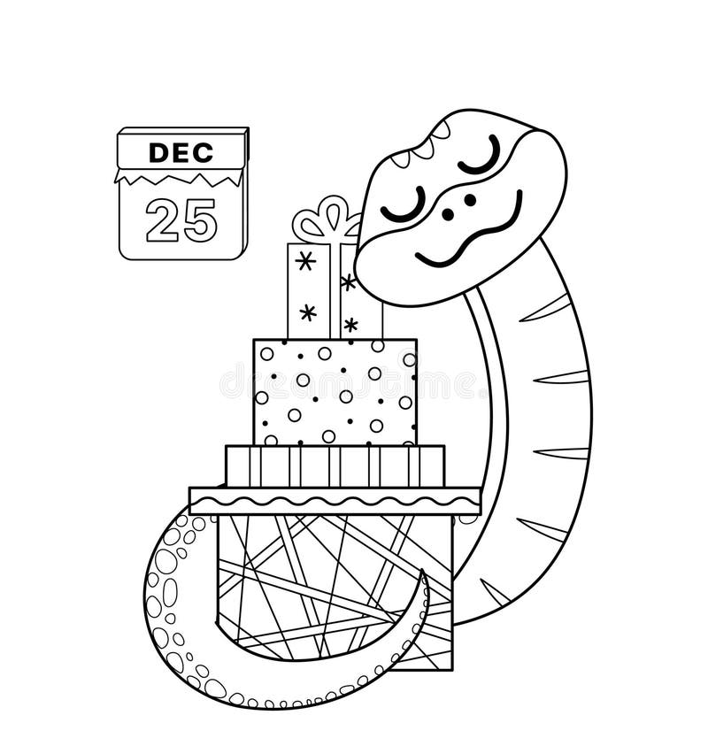 Coloring Page. Snake and Stack of Gift Boxes. Black and White Snake ...
