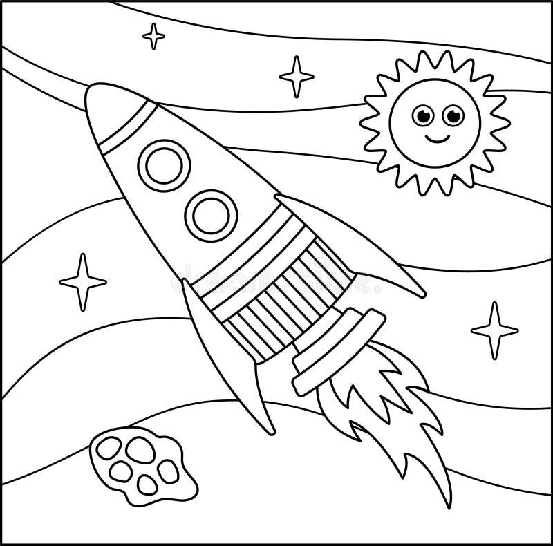 Coloring Page. Space Rocket Flying Past the Sun. Black and White Space ...