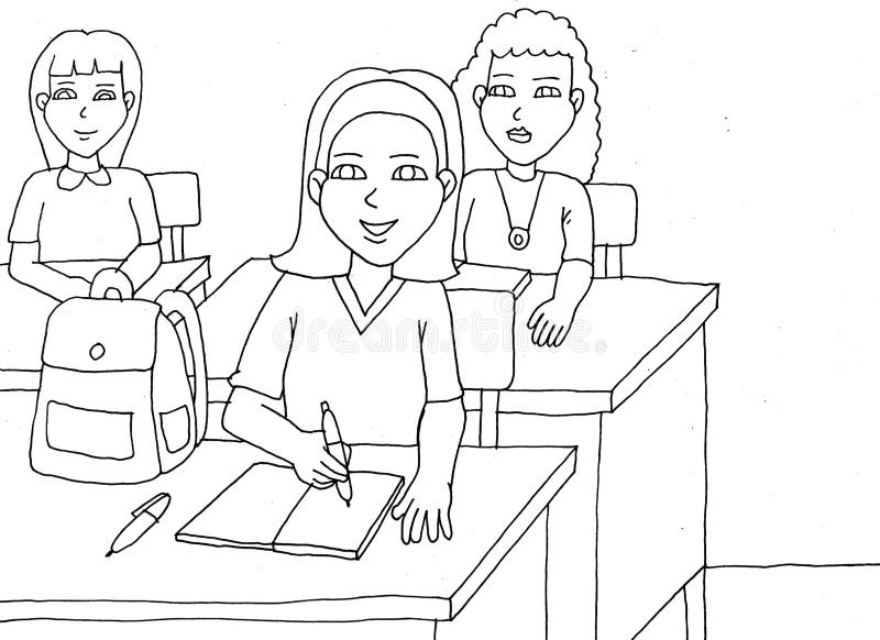 Coloring Page Three Teenagers are Studying in Class Stock Illustration ...