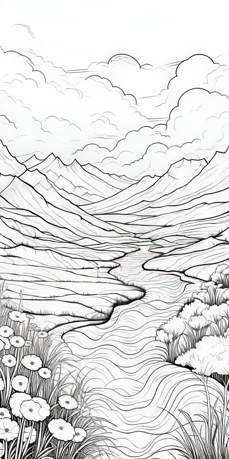 Serene Valley Coloring Page: Detailed Linework for Adults Stock ...