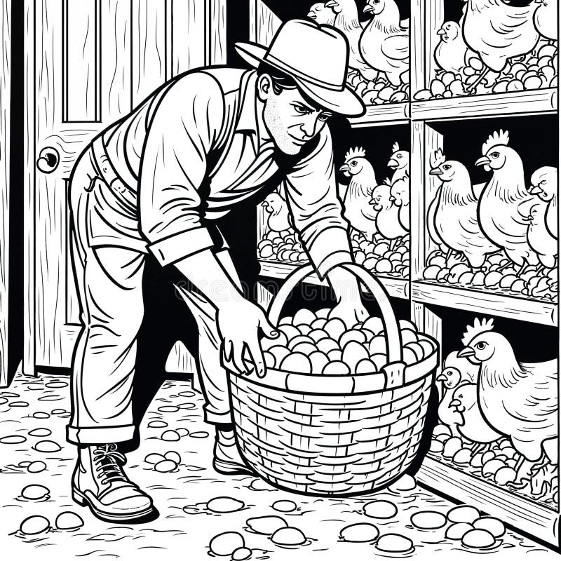 Farmer Collecting Eggs from Chicken Coop Stock Illustration ...