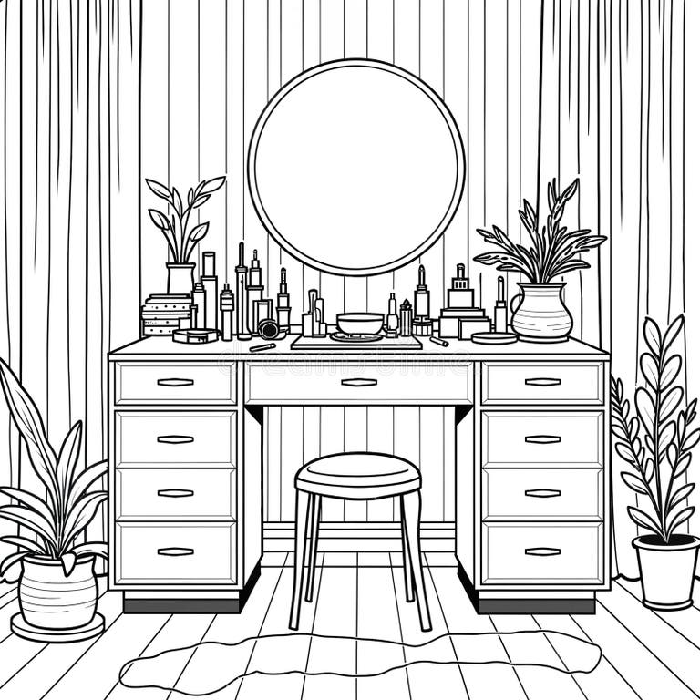 Simple Line Drawing of a Dressing Table with Cosmetics Stock ...