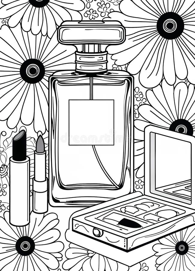 Black and White Perfume and Makeup Illustration with Flowers Stock ...