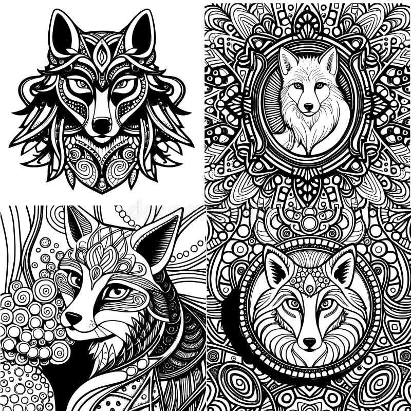 4 Coloring Pages Fox Graphical Vector Svg Stock Illustration ...