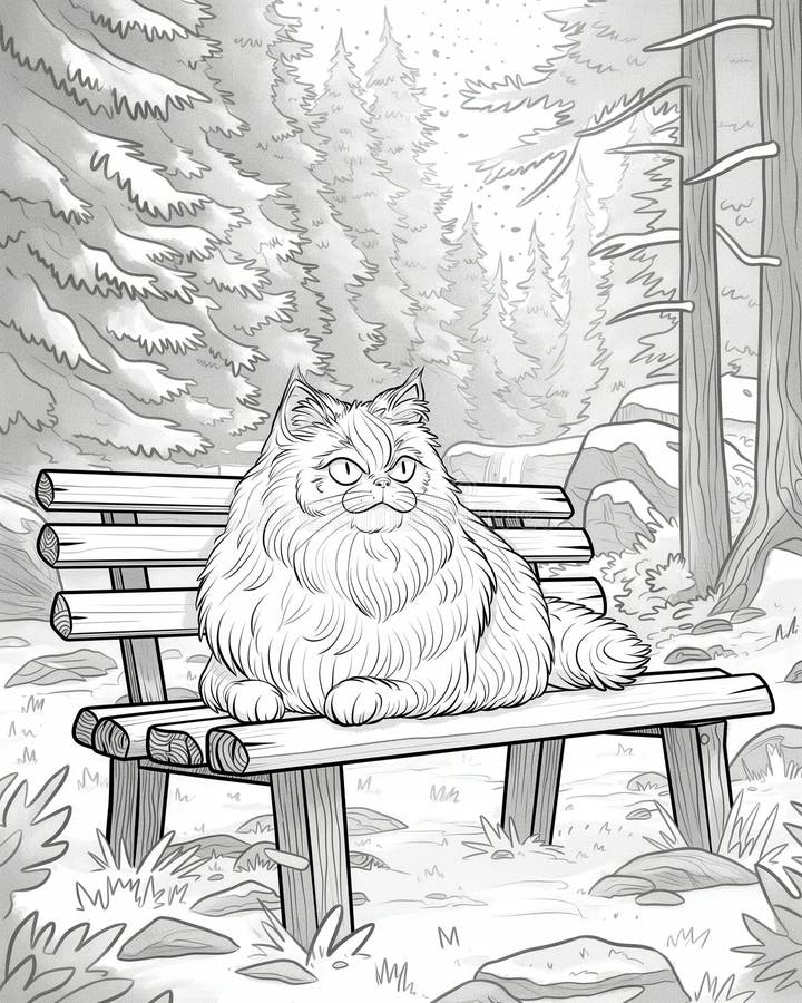 Coloring Pages for Kids, Coloring Page Cat on a Bench. Stock Photo ...