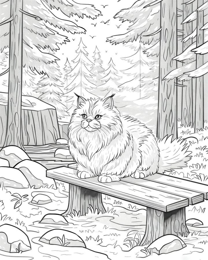 Coloring Pages for Kids, Coloring Page Cat on a Bench. Stock Photo ...