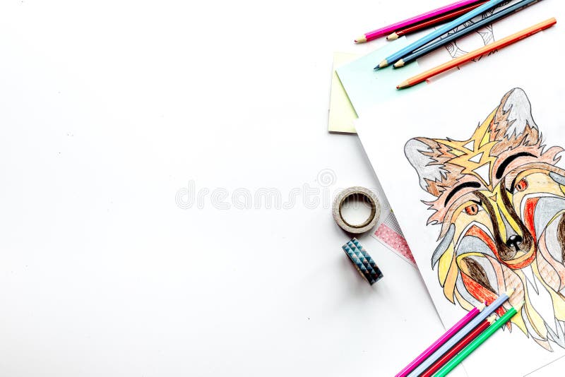 Coloring Picture for Adults on White Background Top View Mockup Stock ...