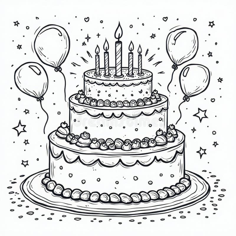 Coloring Sheet of a Birthday Cake with Balloons Stock Illustration ...