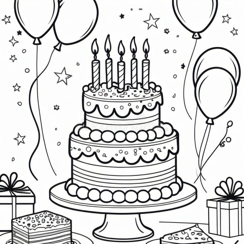 Coloring Sheet of a Birthday Cake with Balloons Stock Illustration ...
