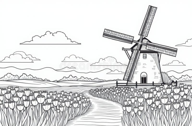 Coloring Sheet Dutch Windmill and Flowers at 28-1-2025 Stock ...