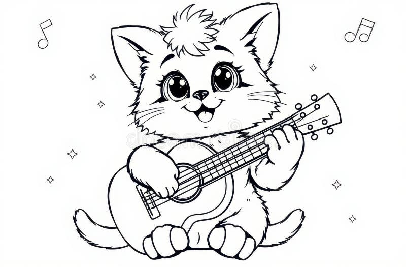 A Coloring Sheet of a Kitten Playing with a Guitar at 1-1-2025 Stock ...