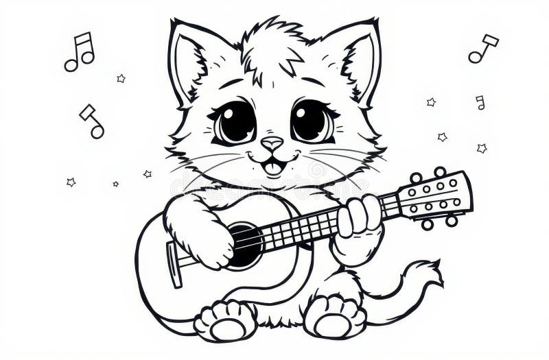 A Coloring Sheet of a Kitten Playing with a Guitar at 1-1-2025 Stock ...