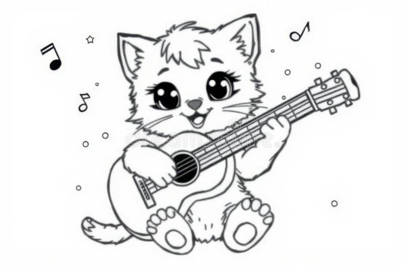 A Coloring Sheet of a Kitten Playing with a Guitar at 1-1-2025 Stock ...