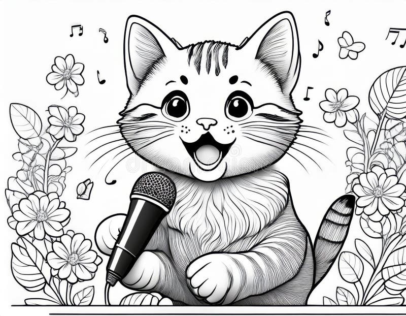 Coloring Sheet of a Kitten Singing in Front of a Microphone Stock ...