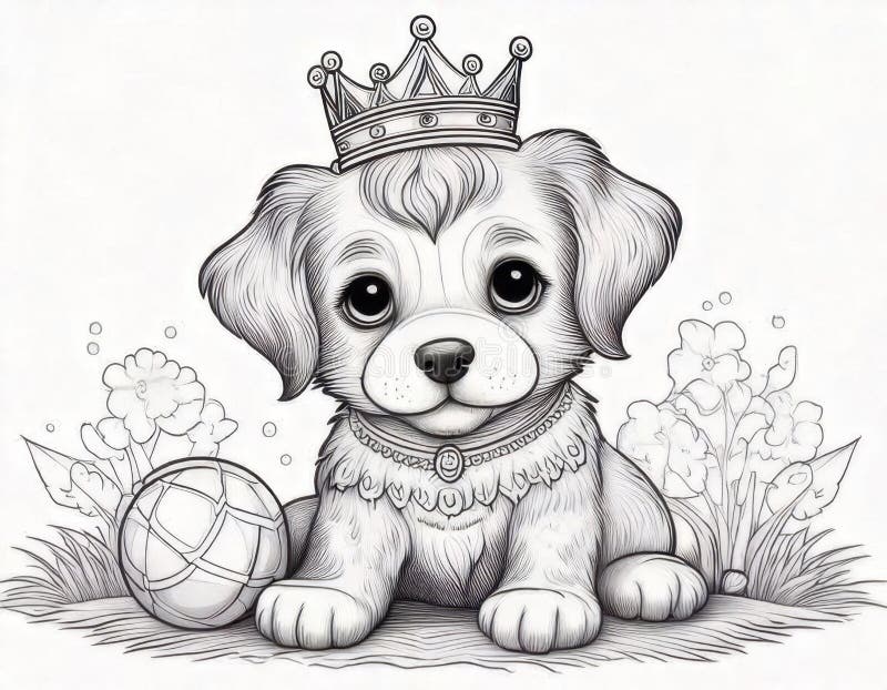 Coloring Sheet of a Princess Puppy Playing with a Ball Stock ...