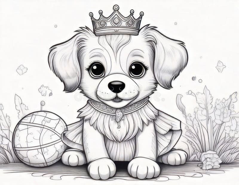 Coloring Sheet of a Princess Puppy Playing with a Ball Stock ...