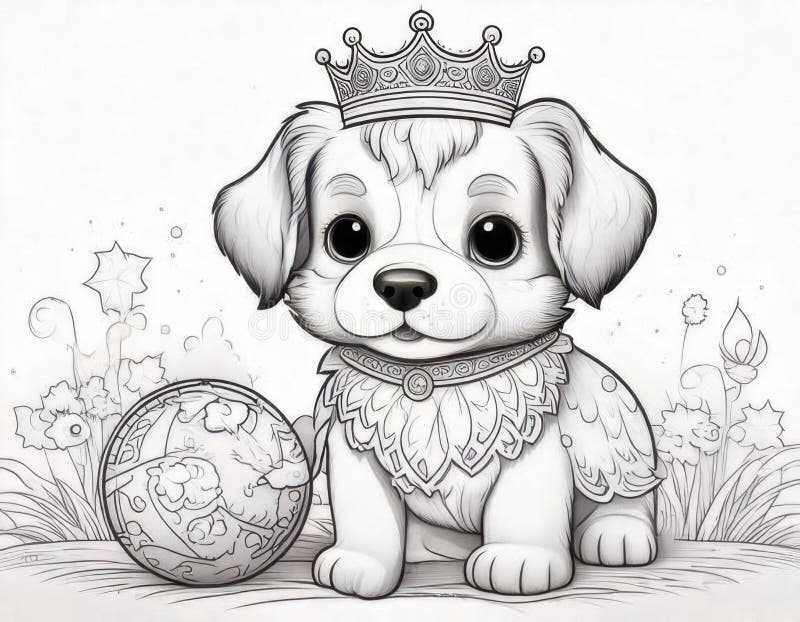 Coloring Sheet of a Princess Puppy Playing with a Ball Stock ...
