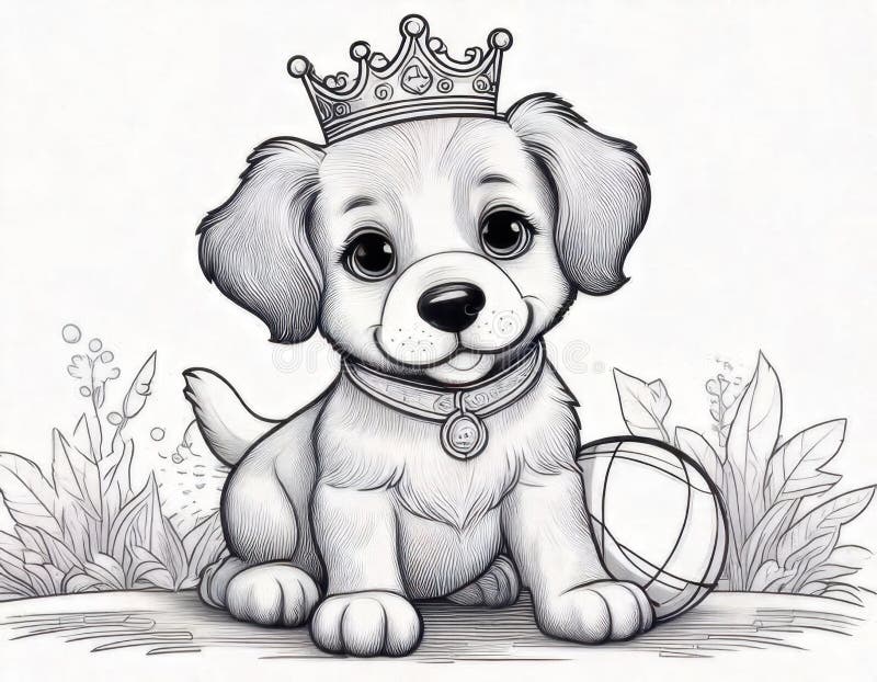 Coloring Sheet of a Princess Puppy Playing with a Ball Stock ...