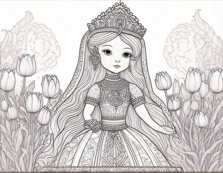 Coloring Sheet Princess Surrounded by Tulips Stock Illustration ...
