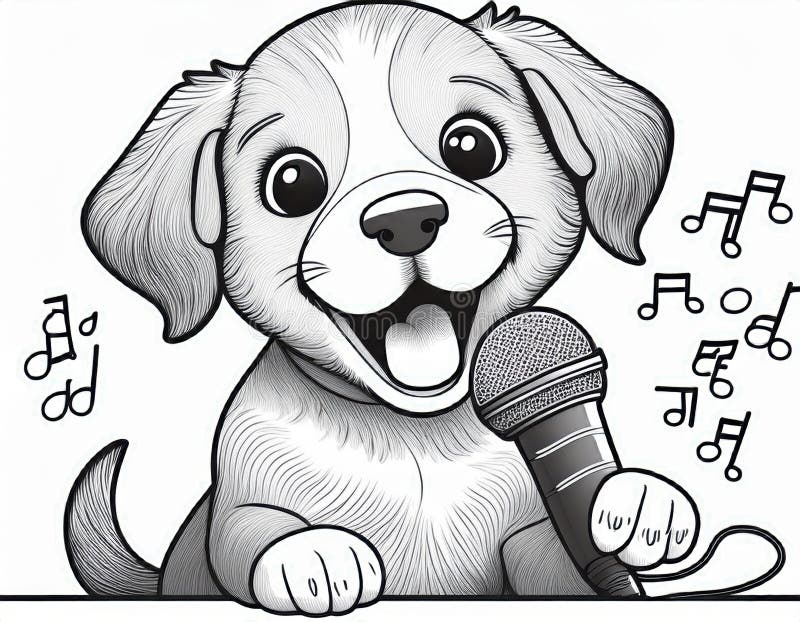 Coloring Sheet of a Puppy Singing with a Microphone Stock Illustration ...