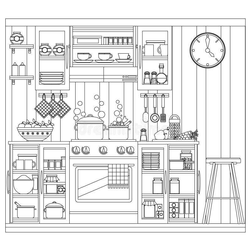 Coloring on the Theme of the Kitchen Interior. Vector Illustration ...