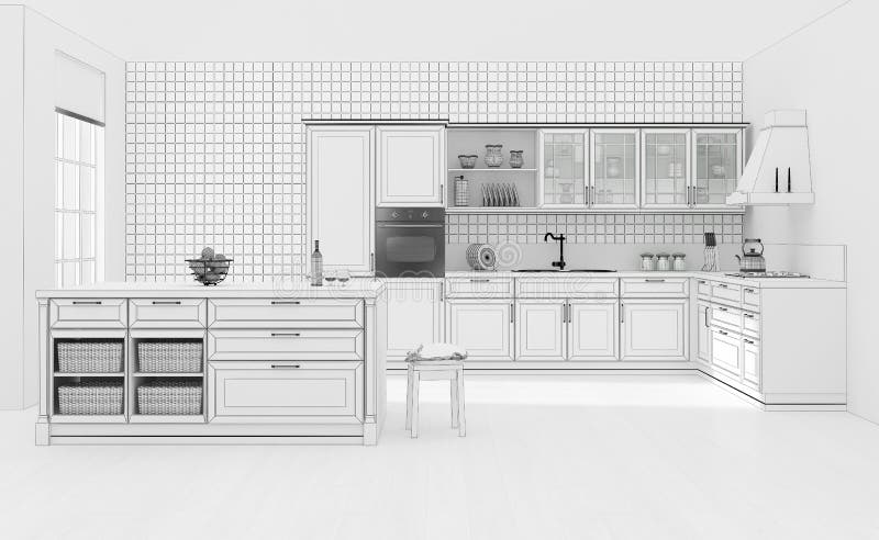 Kitchen Interior 3D Rendering Top View Stock Illustration ...