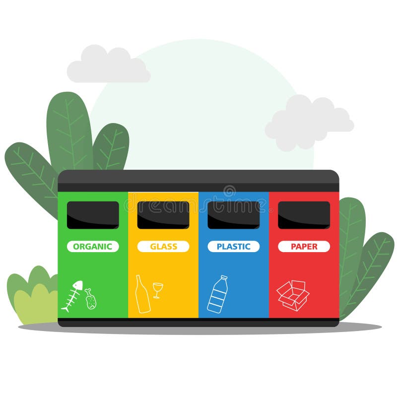 4 Colors Recycle Bin Trash Can Organic Glass Plastic Paper Stock Vector ...